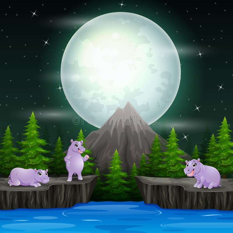Happy a Group of Hippopotamus in Night Landscape Stock Vector ...