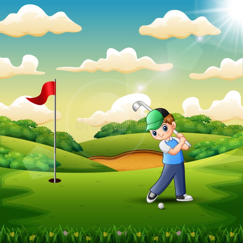 Joyful a Boy Playing Golf in the Court Stock Vector - Illustration of ...