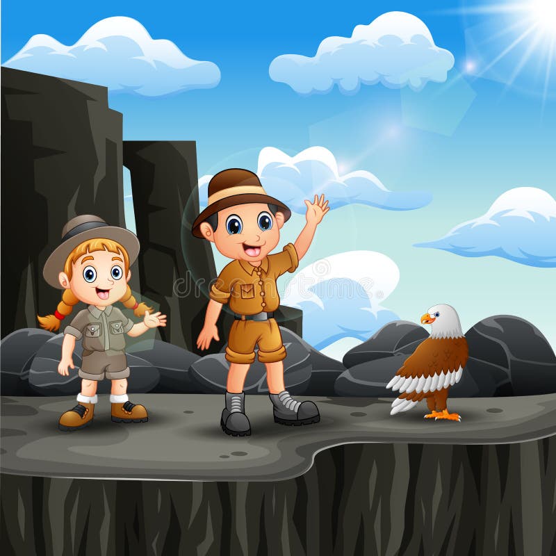 Two Explorer Kid on the Cliff with a Bird Stock Vector - Illustration ...