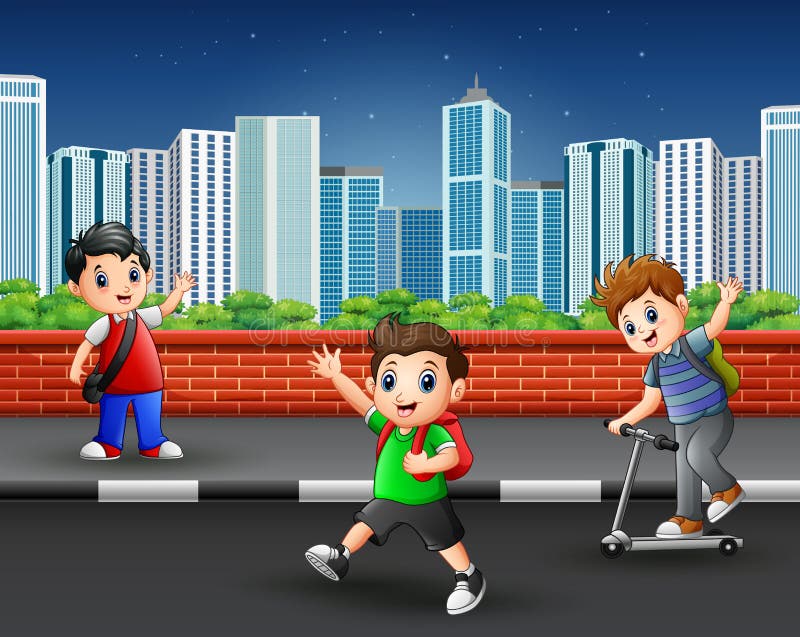 Children on the Sidewalk with Urban Scene Stock Vector - Illustration ...