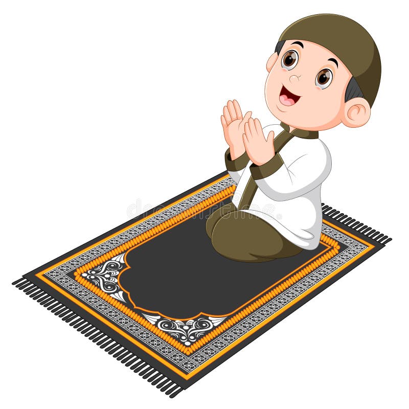 The Boy with the Brown Cap is Praying on the Brown Prayer Rug Stock ...
