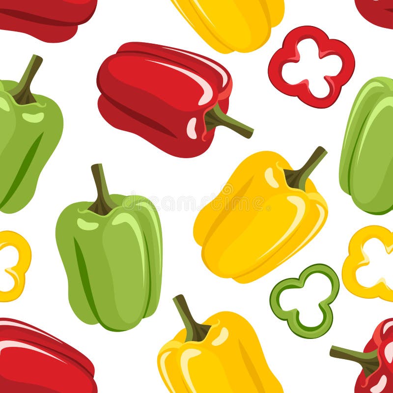 Bell Pepper Seamless Pattern. Yellow, Green and Red Paprika, Slices ...