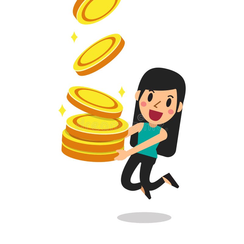 Business Concept Vector Cartoon Woman with Big Coins Stack Stock Vector ...