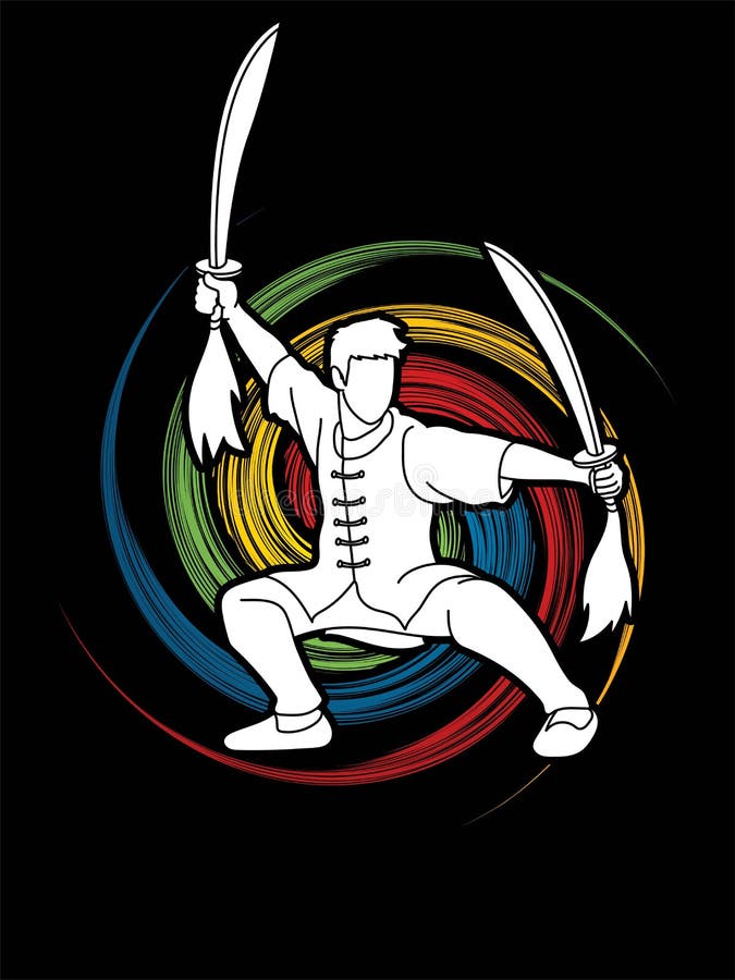 Kung Fu, Wushu with Swords Pose Cartoon Graphic Stock Vector ...