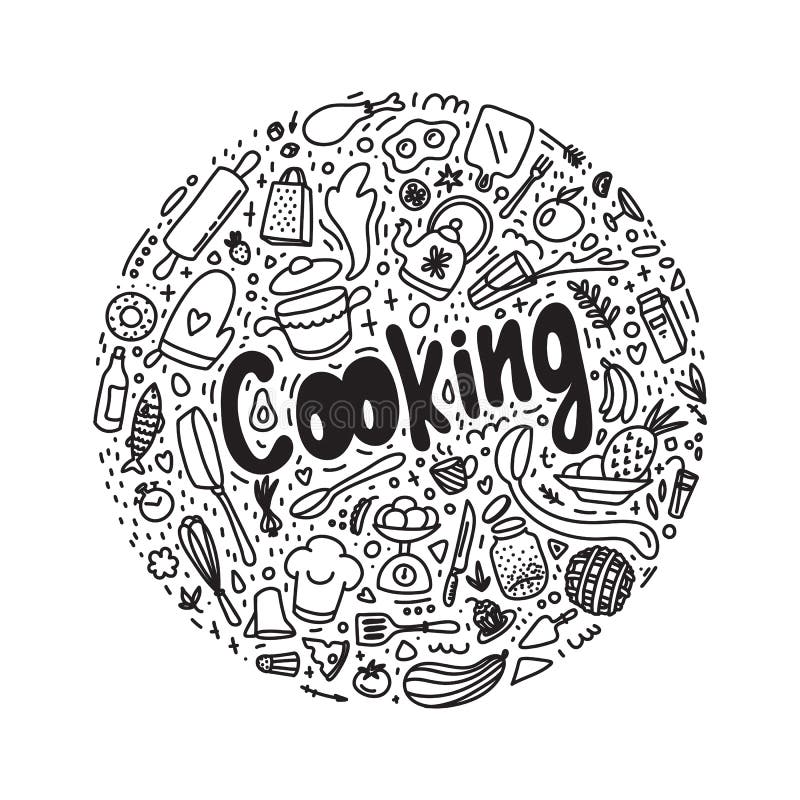 Cooking Doodle Round Illustration. Sketch Kitchenware. Ingredients ...