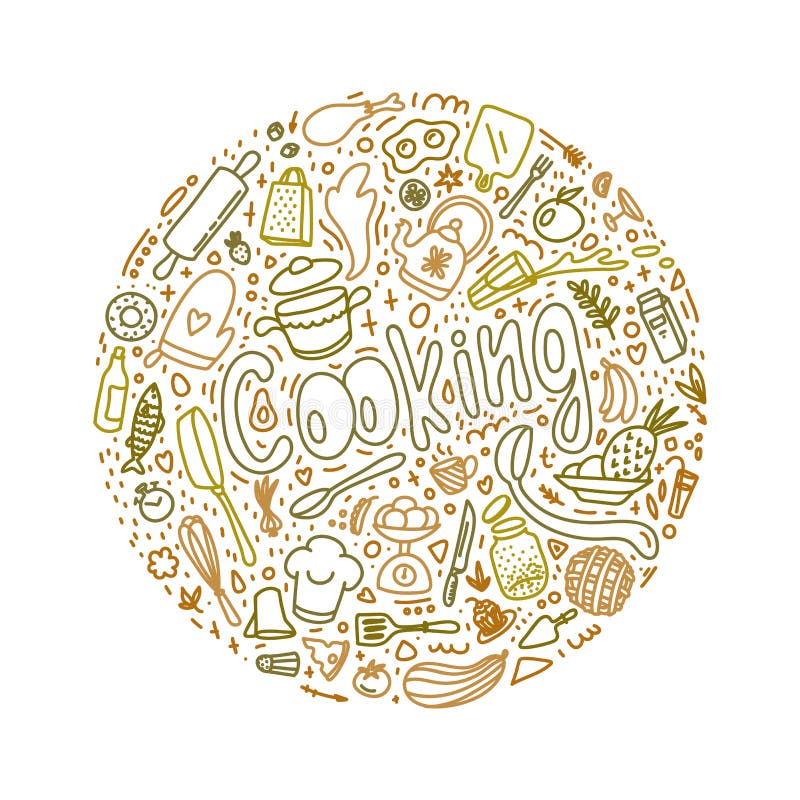 Cooking Doodle Round Illustration. Sketch Kitchenware. Ingredients ...