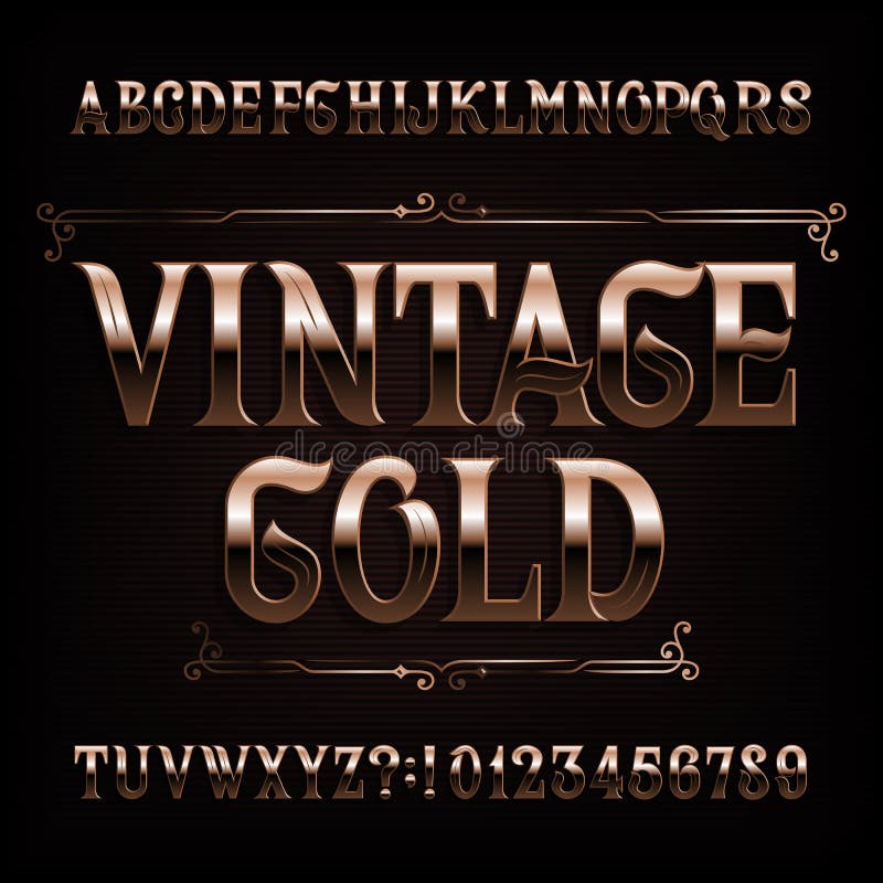 Vintage Gold Alphabet Font. Ornate Metal Effect Letters and Numbers ...