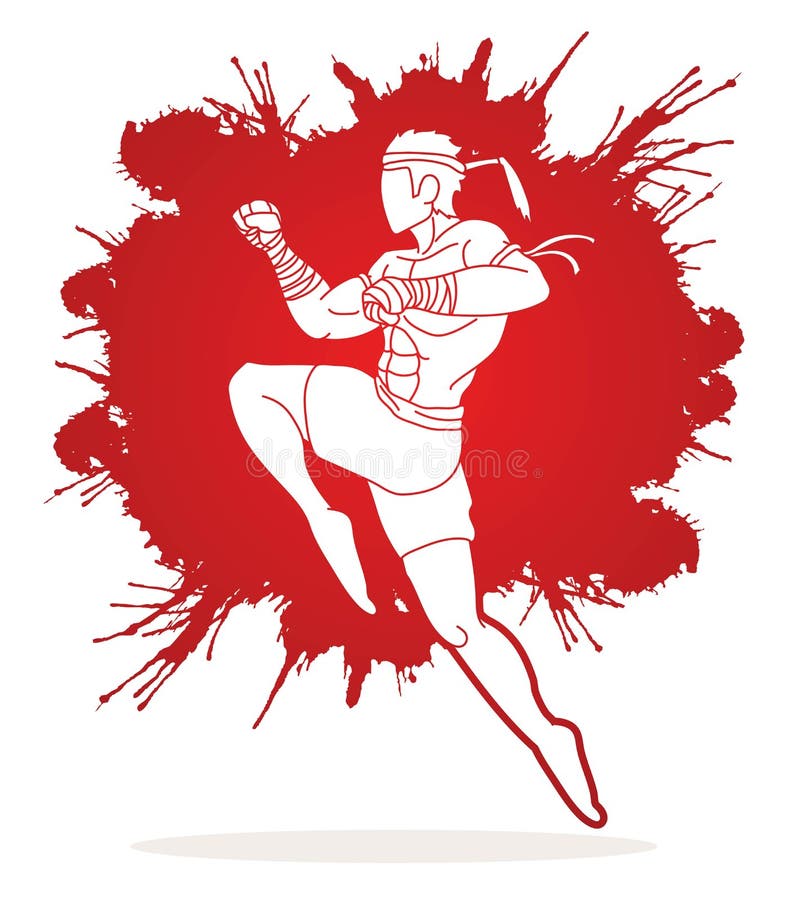 Muay Thai Action , Thai Boxing Jumping To Attack Cartoon Graphic Stock ...