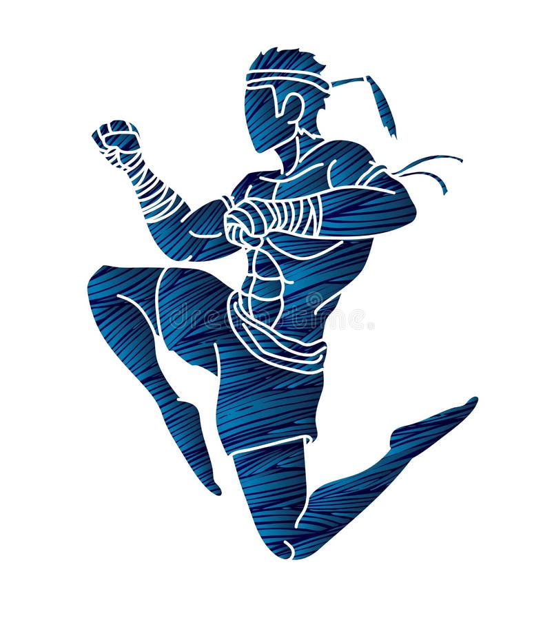 Muay Thai Action , Thai Boxing Jumping To Attack Cartoon Graphic Stock ...