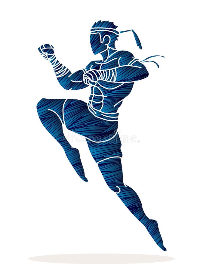 Muay Thai Action , Thai Boxing Jumping To Attack Cartoon Graphic Stock ...