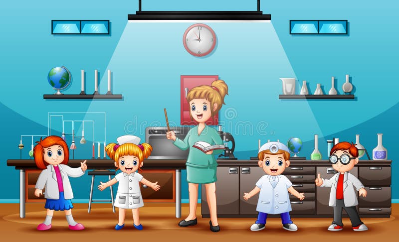 Scientist Standing with Chalkboard Teaching Student in Laboratory ...