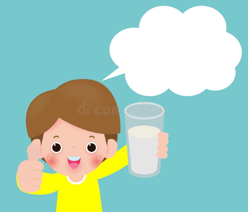 Cute Kid Holding Glass of Drinking Milk with Speech Bubbles, Thumbs Up ...