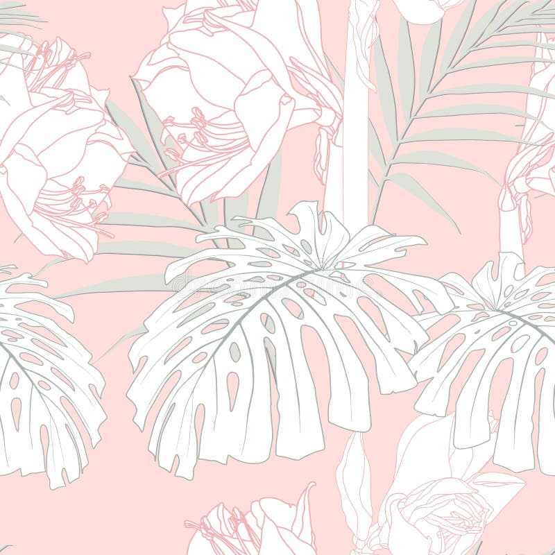 Peach Line Lily Flowers with Exotic Monstera Leaves, Light Background ...