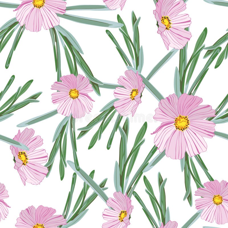 Seamless Floral Pattern of Spring Pink Flowers and Grasses on the White ...