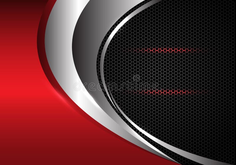 Abstract Red Silver Curve With Gray Blank Space On Dark Gray Hexagon Mesh Design Modern