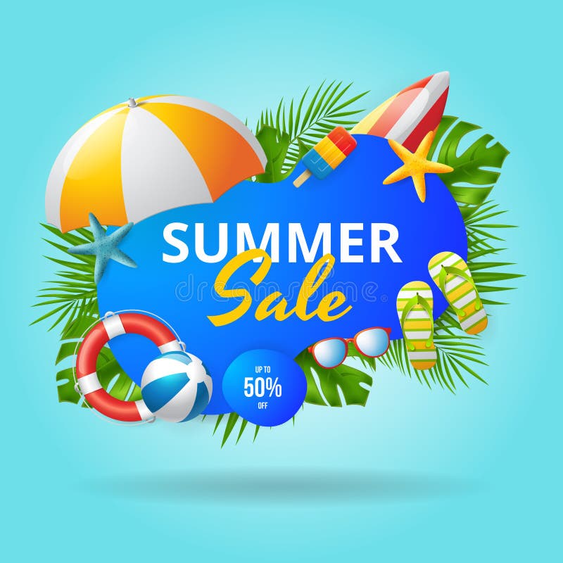 Summer Sale Vector Banner Design with Colorful Beach Elements. Stock ...