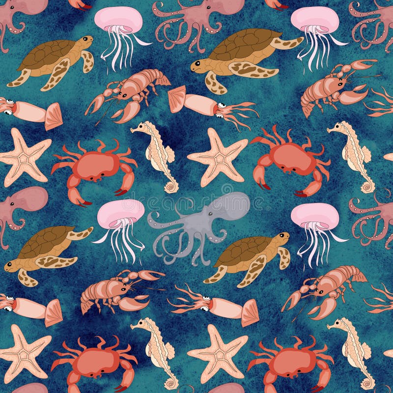 Nautical Seamless Background with Set of Sea Animals Stock Illustration ...