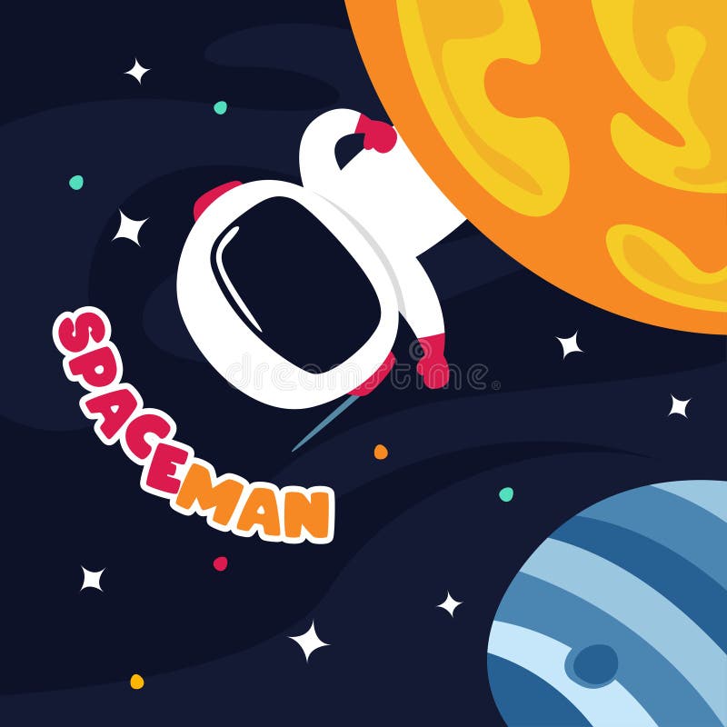 Cute Spaceman in Outer Space with Some Planets and Stars Stock ...