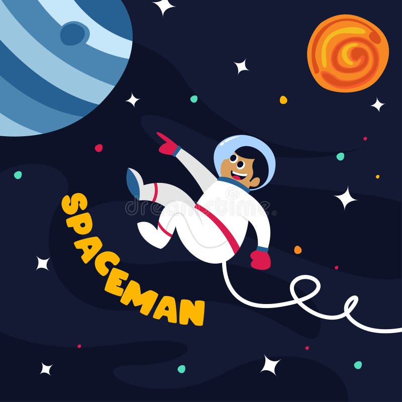 Cute Spaceman in Outer Space with Some Planets and Stars Stock ...
