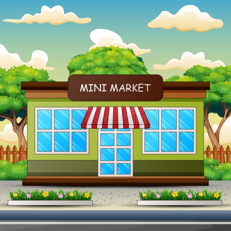 Cartoon Mini Market Building Near a Bus Stop Stock Vector ...