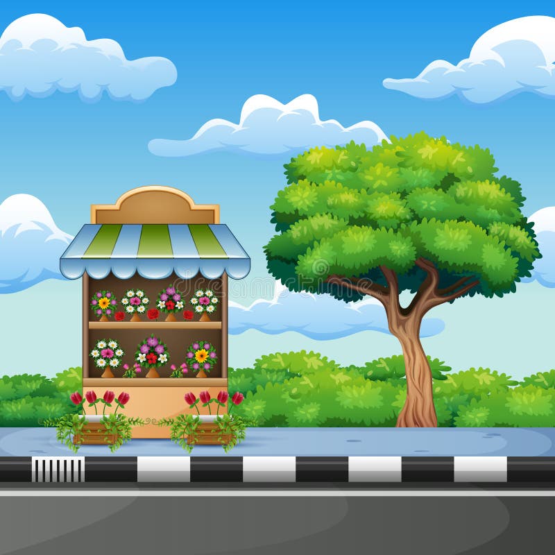 Cartoon of Flower Shop on the Roadside Stock Vector - Illustration of ...