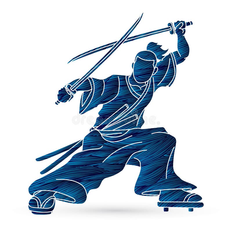 Samurai Standing Ready To Fight with Swords Cartoon Graphic Stock ...