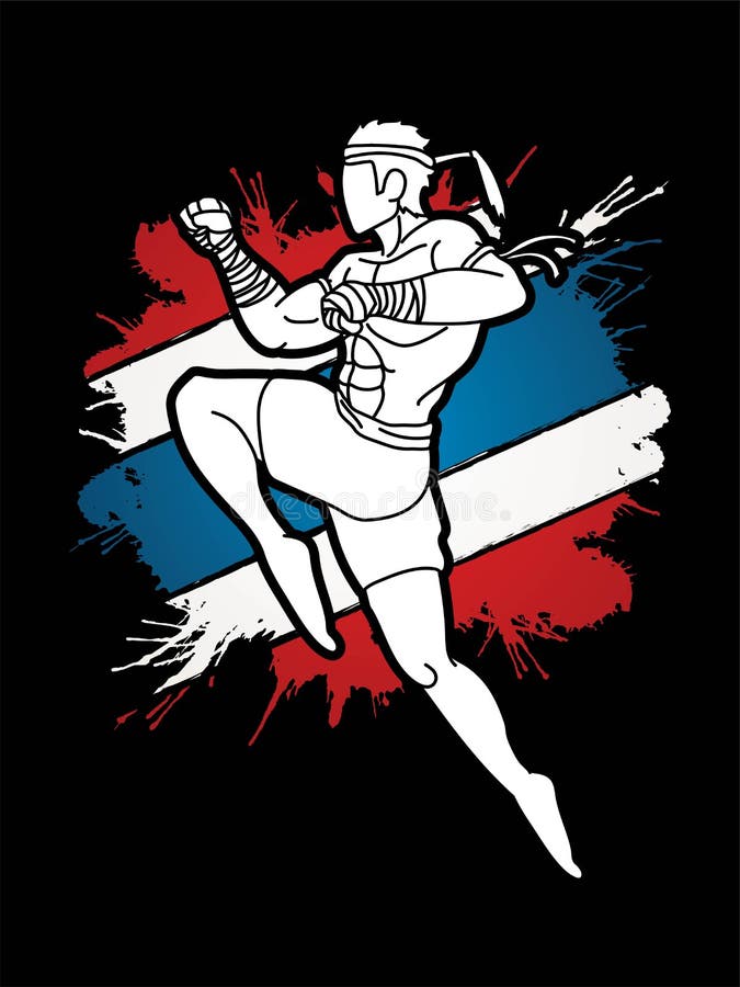 Muay Thai Action , Thai Boxing Jumping To Attack Cartoon Graphic Stock ...