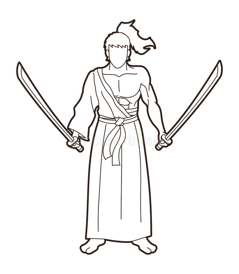 Samurai Warrior Standing with Swords Cartoon Graphic Stock Vector ...