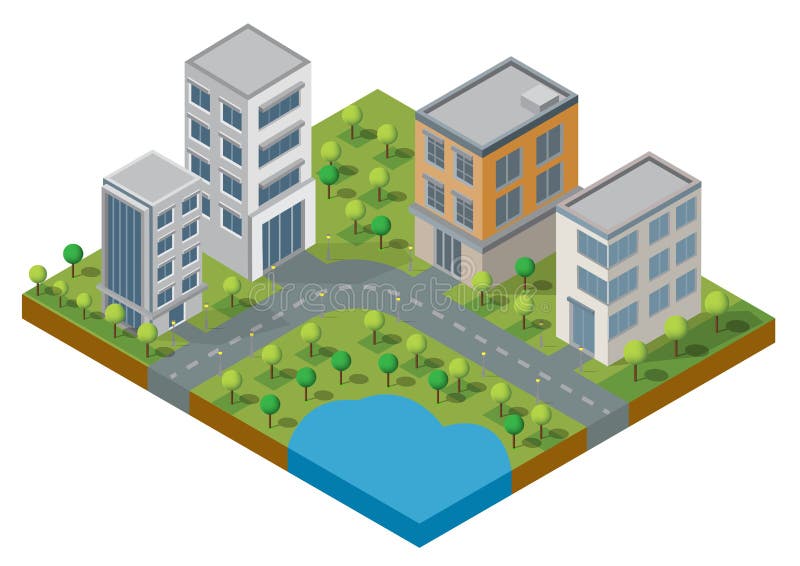 Isometric Building Vector. Three Building on Yard with Road and Trees ...