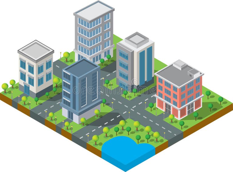 Isometric Building Vector. Three Building on Yard with Road and Trees ...