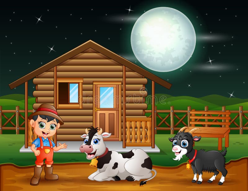 Farmer and Farm Animal in the Farmyard at Night Stock Vector ...