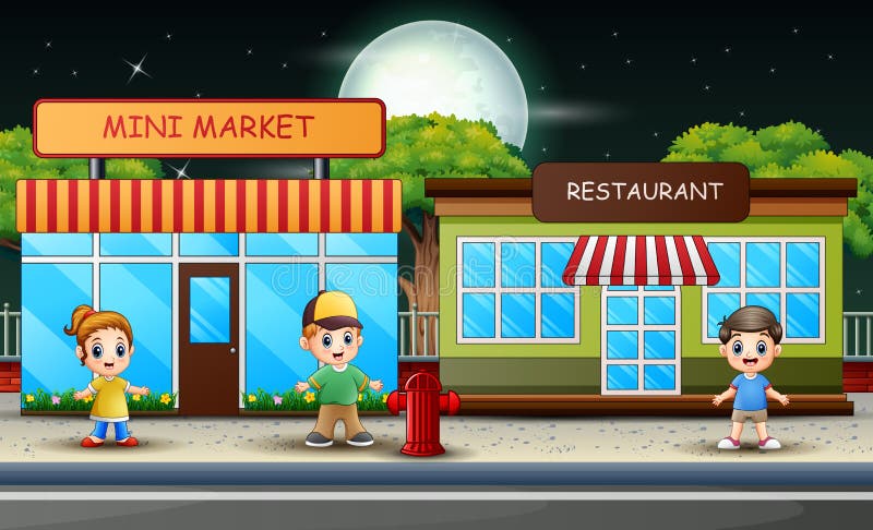 Cartoon Children in Front the Restaurant and Mini Market Stock Vector ...