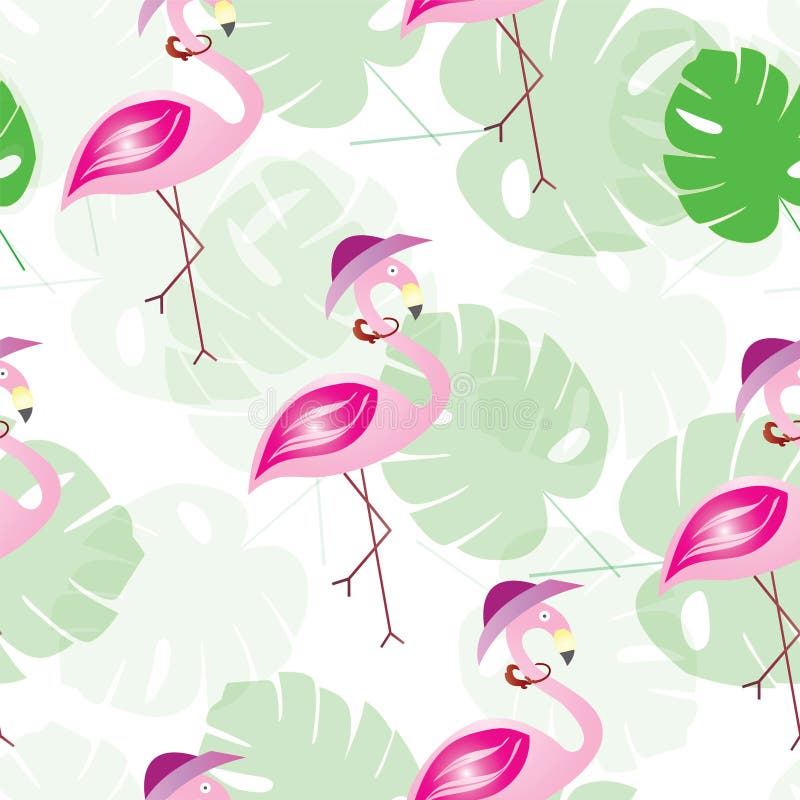 Seamless Pattern with Flamingos and Tropical Leaves - Summer Theme ...