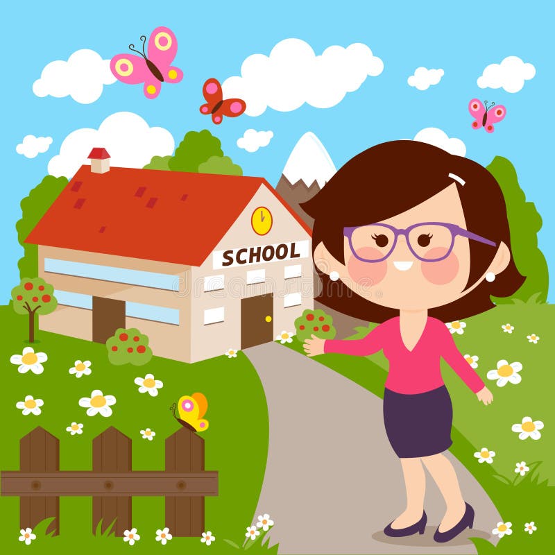 Teacher in Front of the School Welcoming Students. Vector Illustration ...