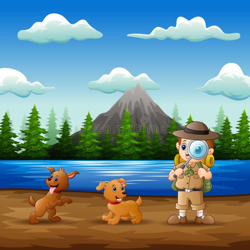 The Explorer Boy with His Pets in the Nature Stock Vector ...