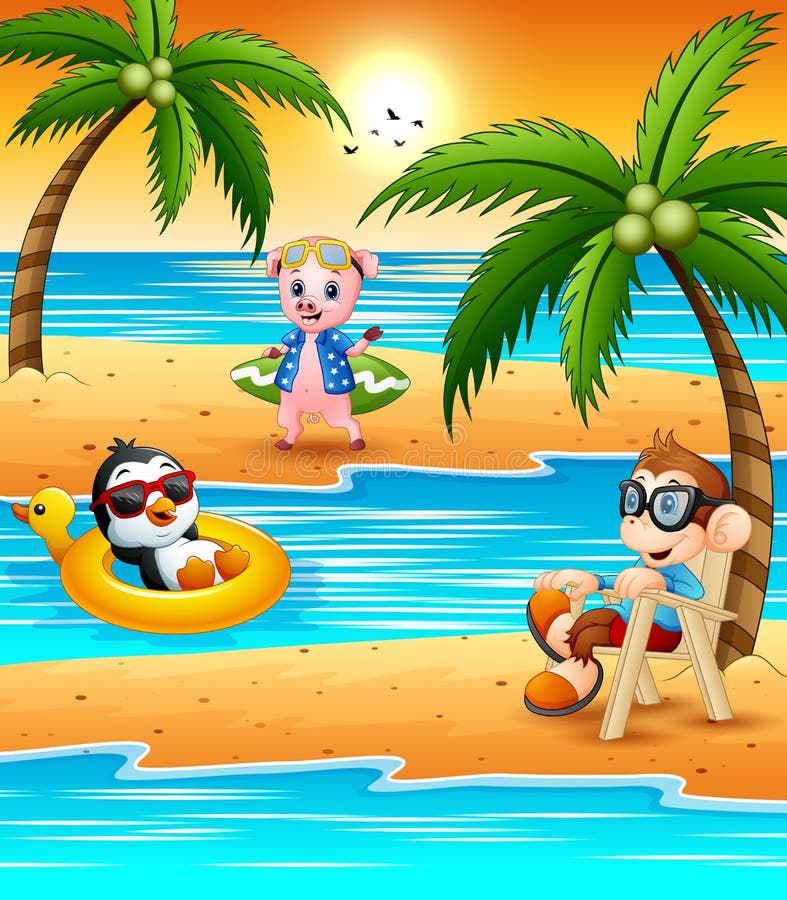 Different Animal Cartoon Relax on the Beach Stock Vector - Illustration ...