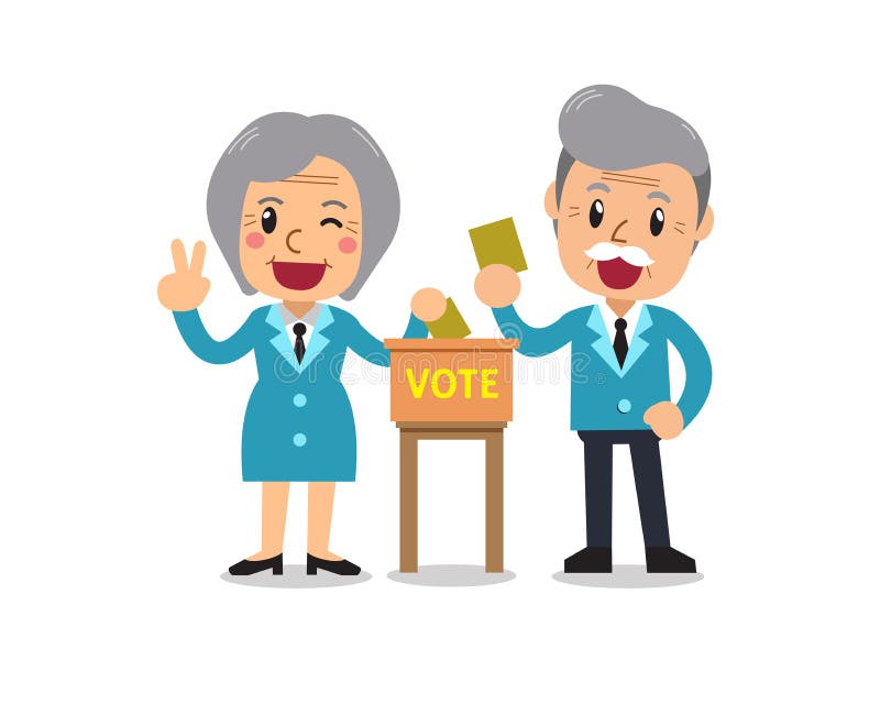 Cartoon Senior Man and Woman Putting Voting Papers in the Ballot Box ...