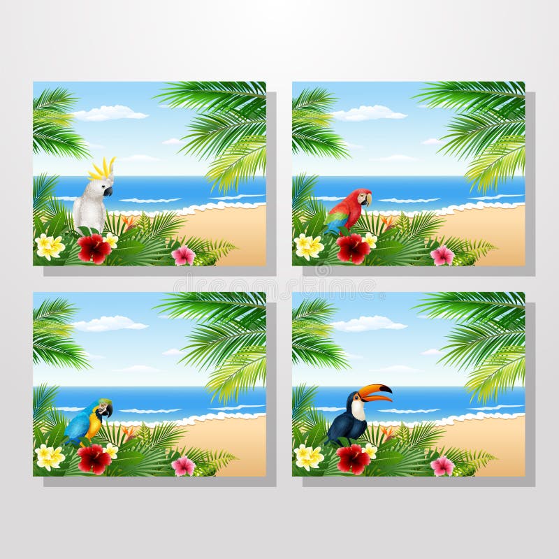 Card with Tropical Beach, Tropical Plants and Bird Collections Stock ...
