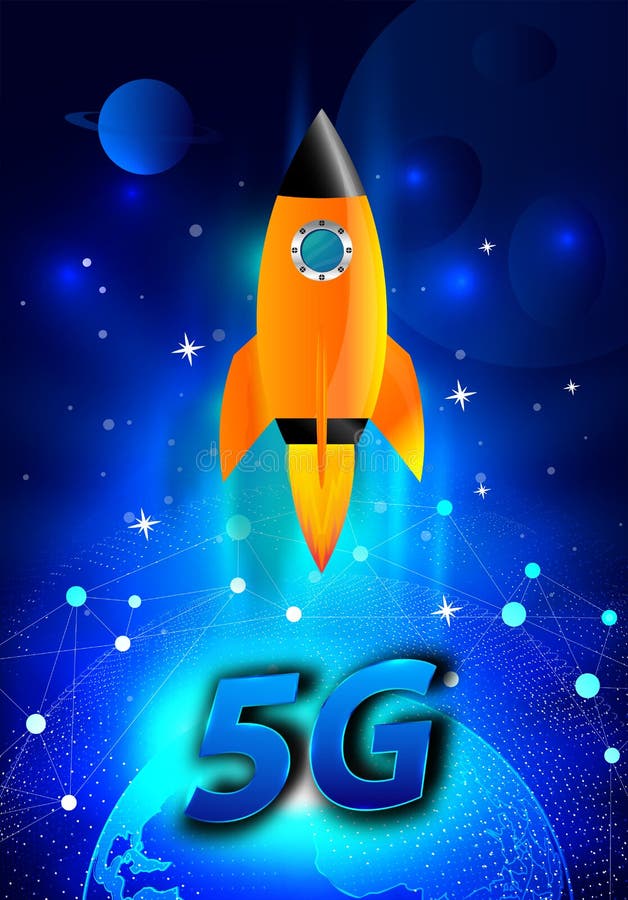 Super 5G Evolution. Start Up Rocket. Wireless Network with Global Speed ...