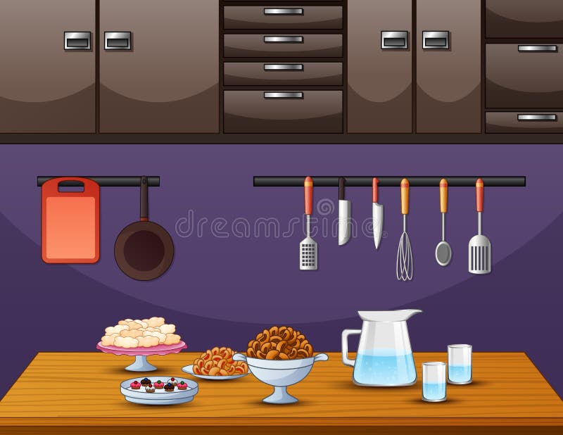 Cartoon Kitchen Interior with Furniture and Fruits on a Wooden Table ...