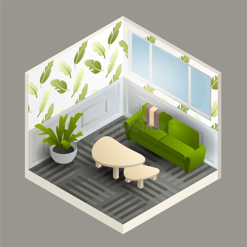 Isometric Living Room with Green Couch, Plant and Small Tables ...