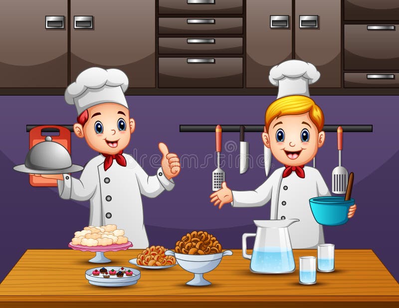 Two Young Chefs Preparing Food in the Kitchen Stock Vector ...