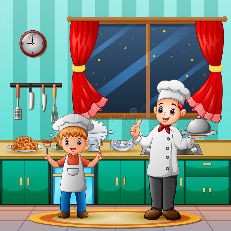 A Chef Man with Her Son Cooking in the Kitchen Stock Vector ...
