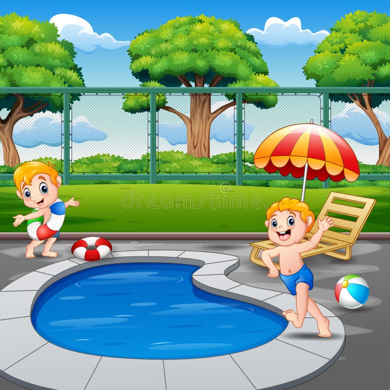 Two Boys Running on Pool Edge in Backyard Stock Vector - Illustration ...