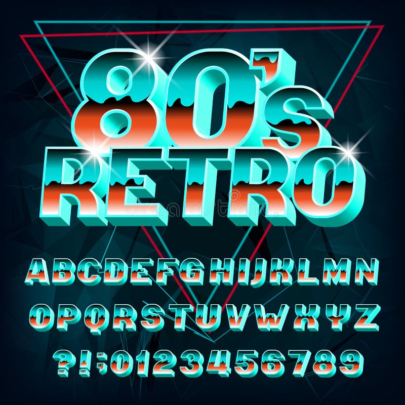 80s Retro Alphabet Font. 3D Effect Letters and Numbers on Abstract ...