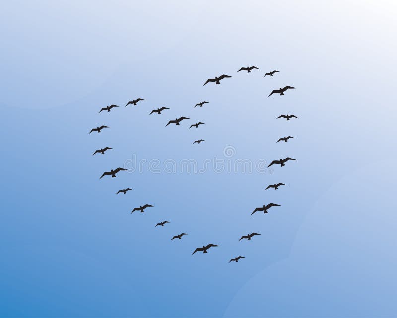 Flying Birds Silhouettes in Shape of a Heart on Blue Sky, Vector ...