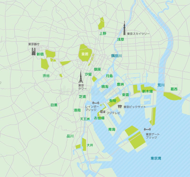 Tokyo Bay Area Road Map with Landmark Place Stock Vector - Illustration ...