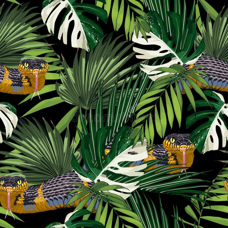 Snake and Tropical Plants Seamless Pattern. Jungle Summer Art . Fashion ...