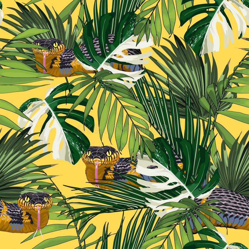 Snake and Tropical Plants Seamless Pattern. Jungle Summer Art . Fashion ...