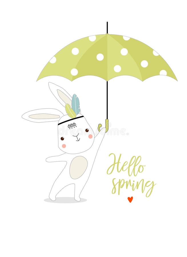 Print. `Hello Spring` Vector Poster. Bunny with an Umbrella. Stock ...